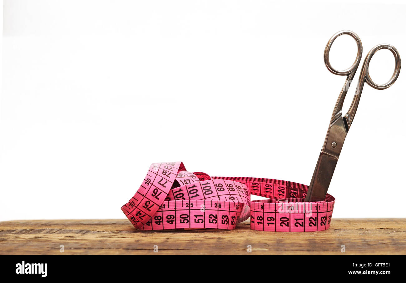 Old scissors and measuring tape on wooden background Stock Photo - Alamy