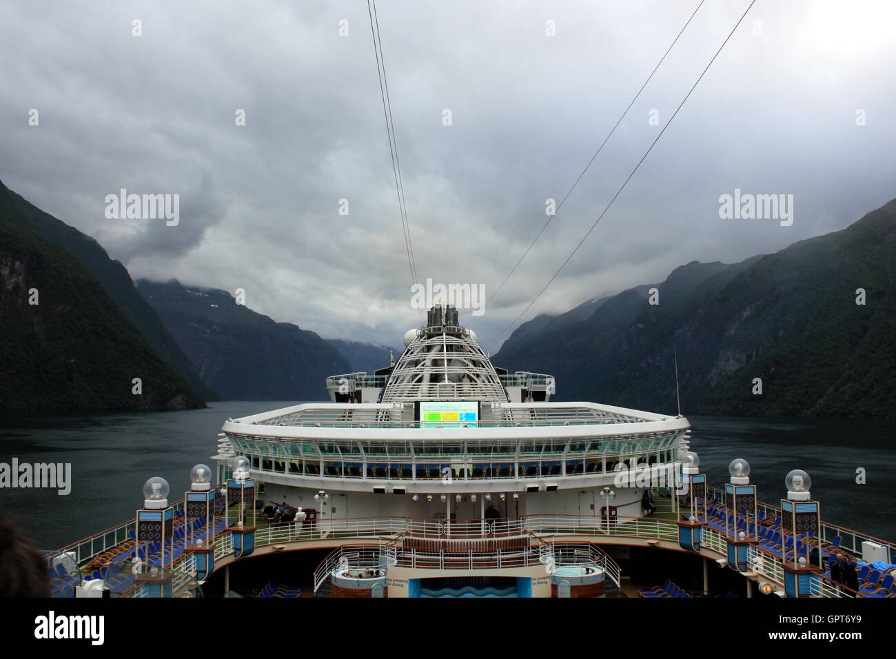 Back end and chimneys of a cruise ship in the Norwegian Fjords Stock ...