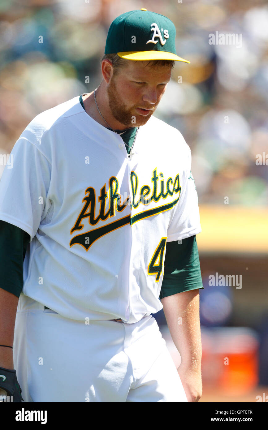 April 30, 2011; Oakland, CA, USA; Oakland Athletics starting pitcher Brett Anderson (49) leaves ...