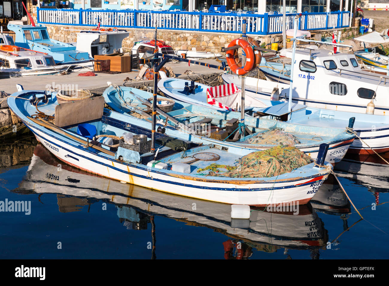 Small local fishing boats closeup in Bozcaada Island harbor, Canakkale ...