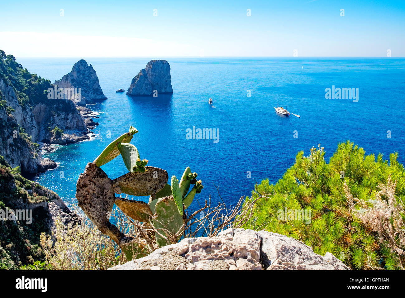 faraglioni rocks viewed from Augustus gardens on the island of Capri ...