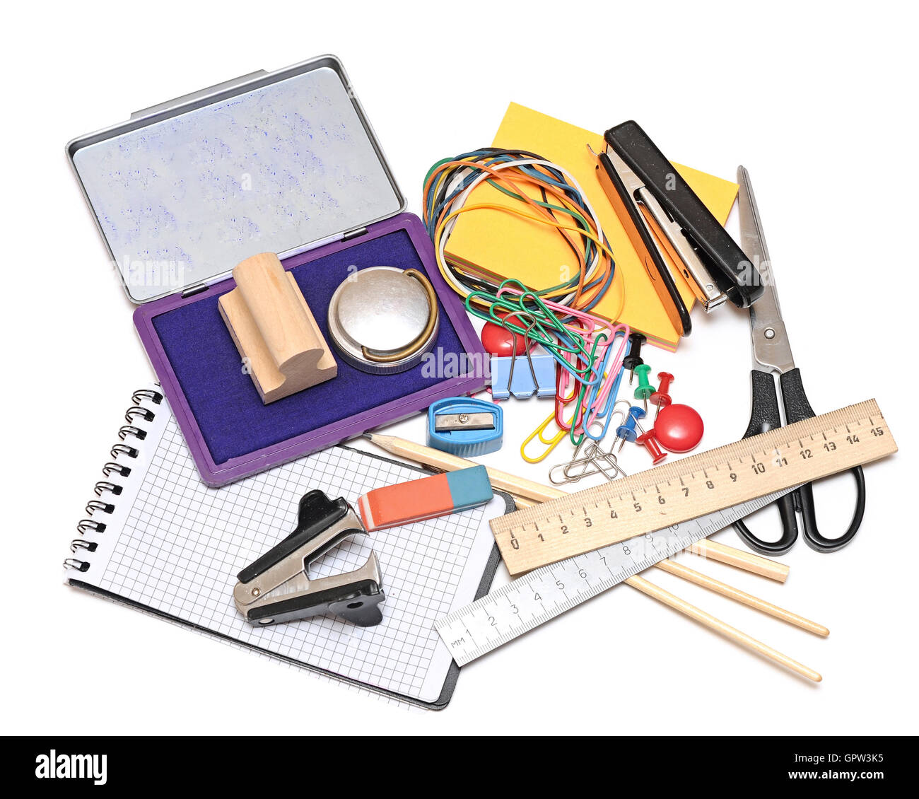 many office tools on white background Stock Photo - Alamy