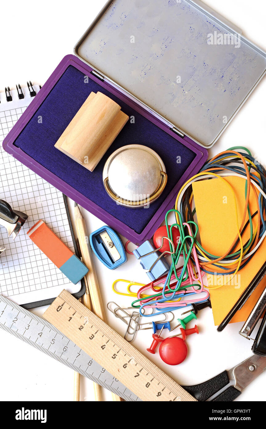 Many office tools on a white background Stock Photo - Alamy