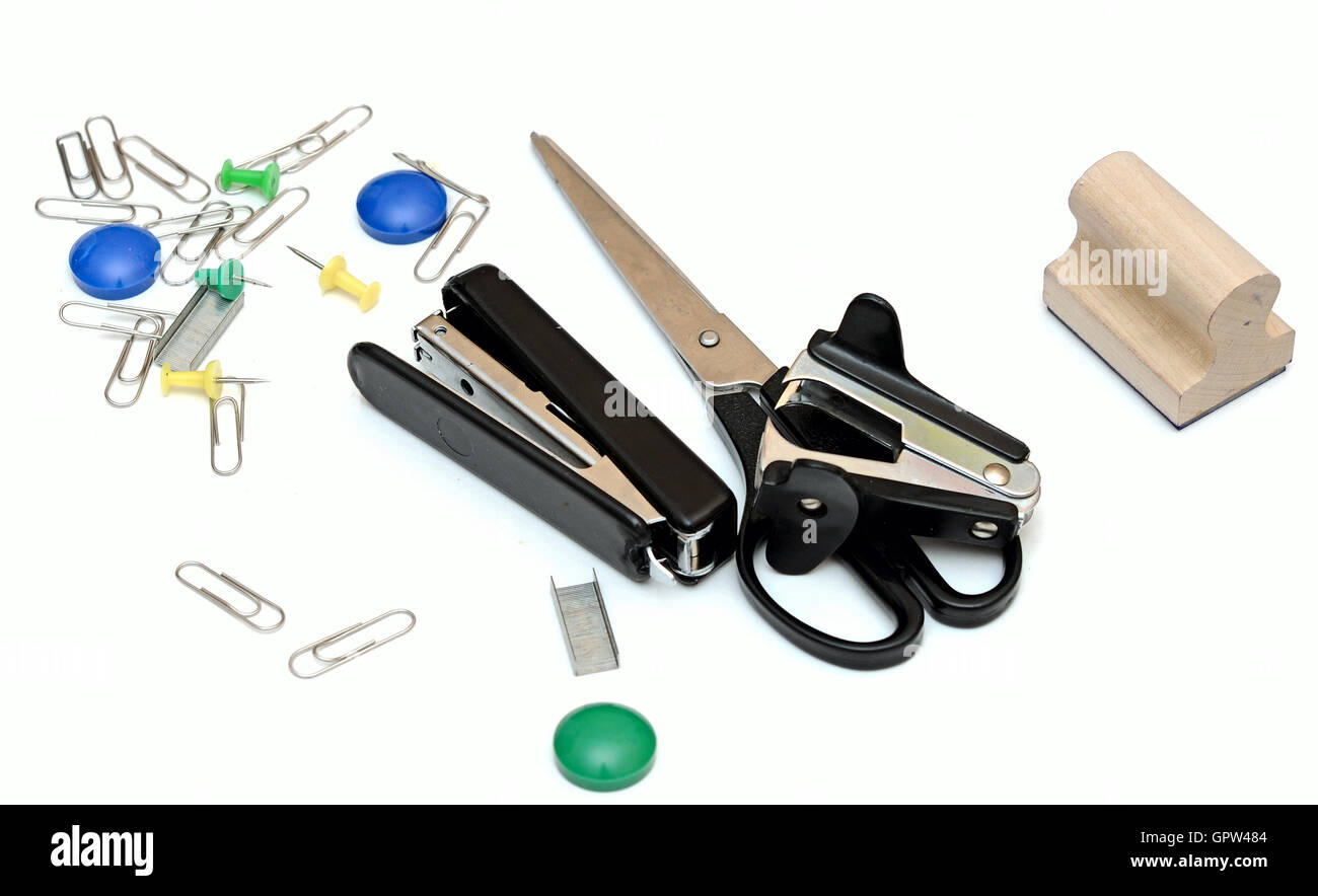 Office tools on white Stock Photo - Alamy