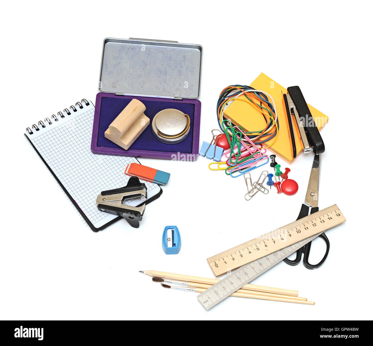 many office tools on white background Stock Photo - Alamy