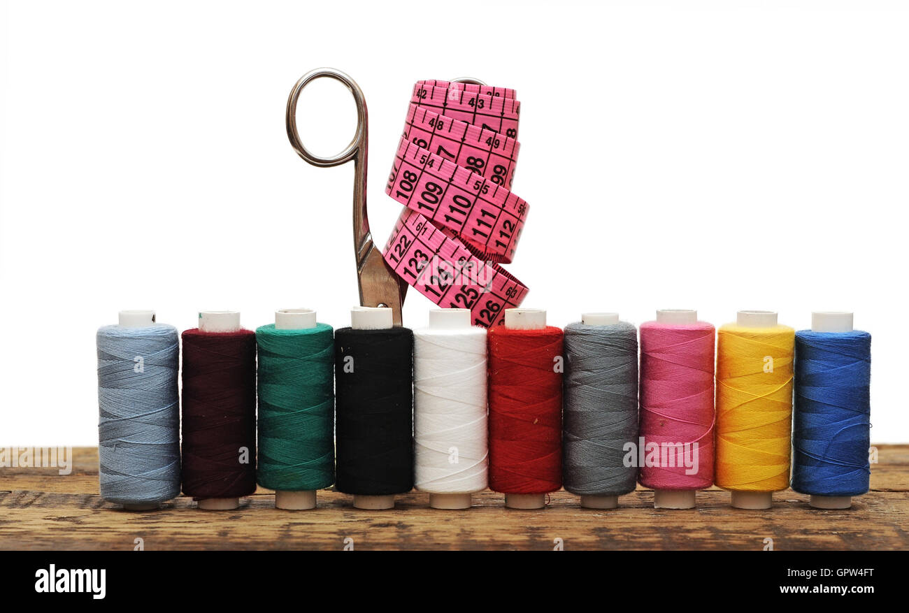 tools for needlework thread scissors and tape measure isolated o Stock ...