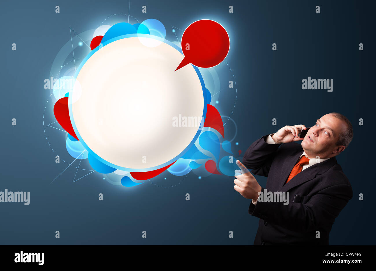businessman making phone call and presenting abstract modern spe Stock ...