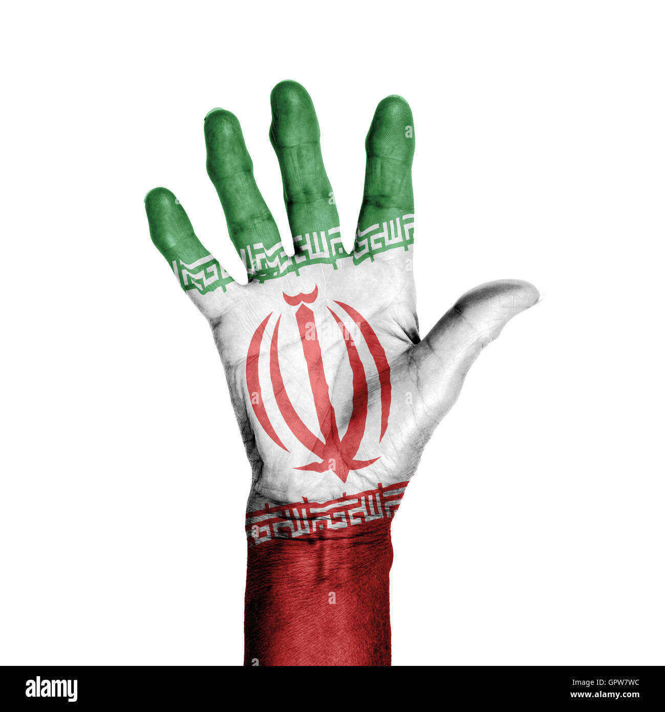 Hand of an old woman, wrapped with a pattern of the flag of Iran Stock ...