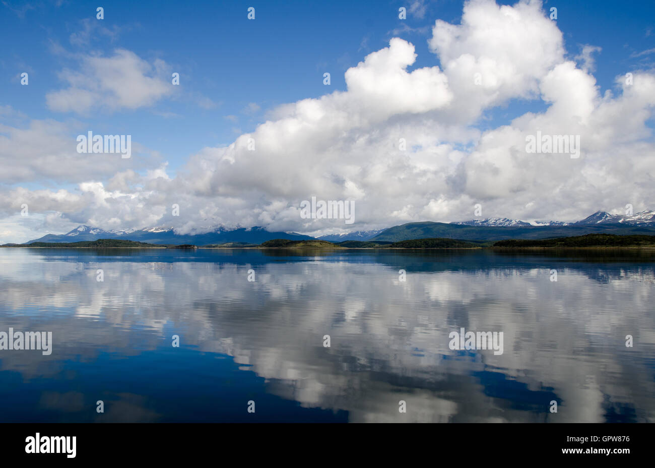 Dramatic sky and reflection on the Beagle Channel, Patagonia, Ar Stock ...