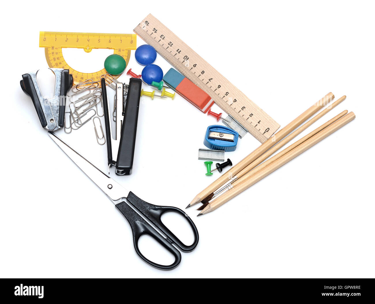 Office tools on white Stock Photo - Alamy