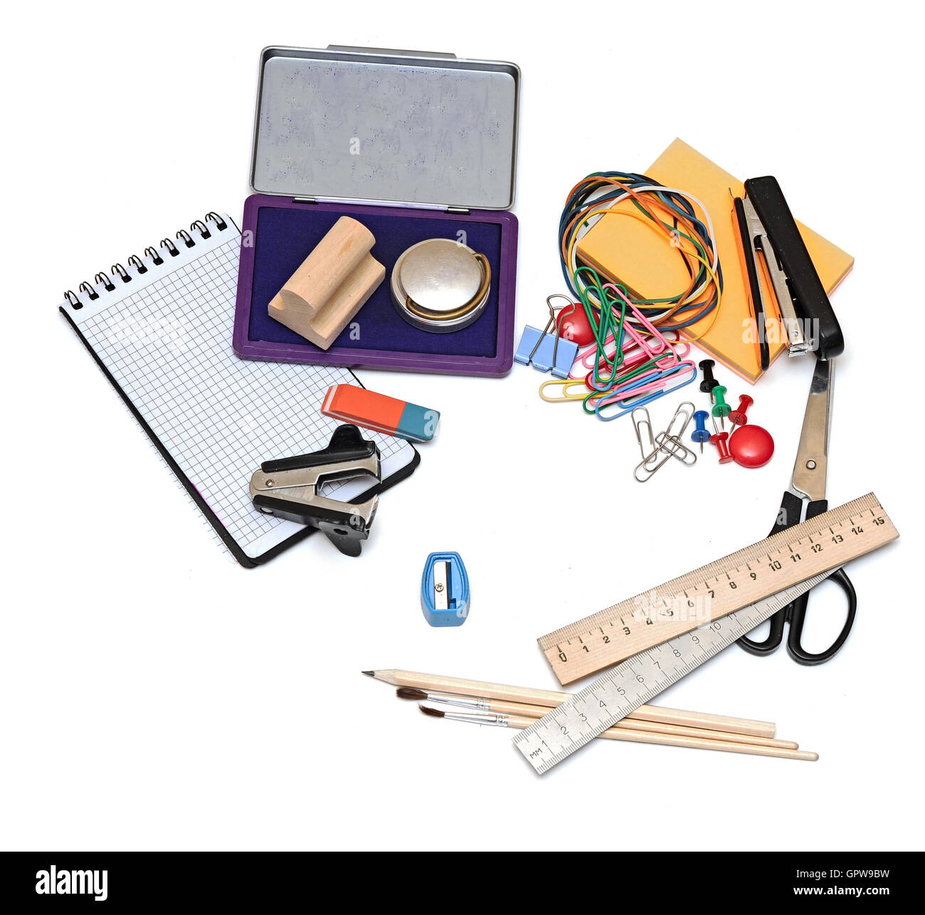 many office tools on white background Stock Photo - Alamy