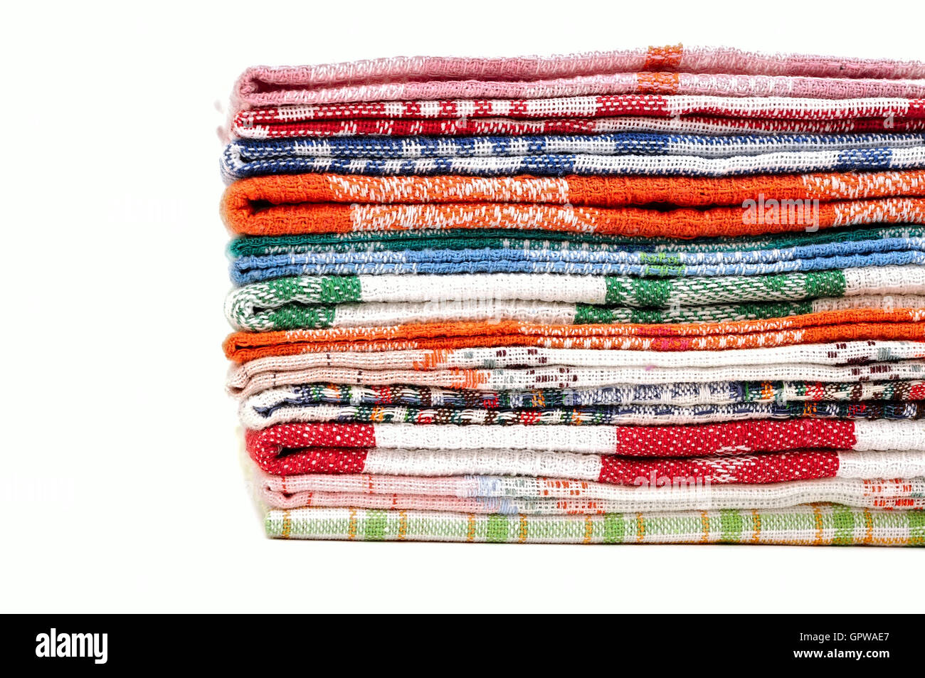Pile of linen kitchen towels on a white background. space for yo Stock ...