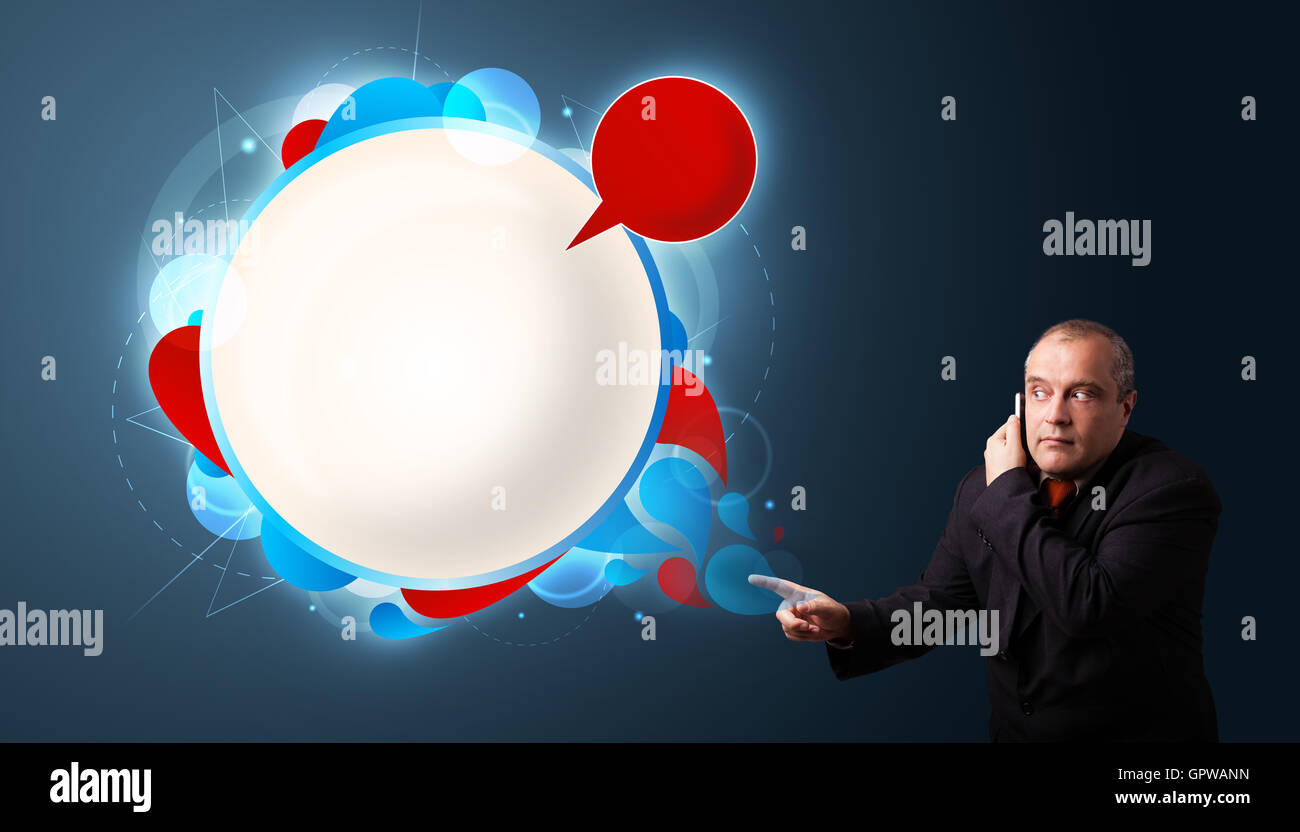 businessman making phone call and presenting abstract modern spe Stock ...