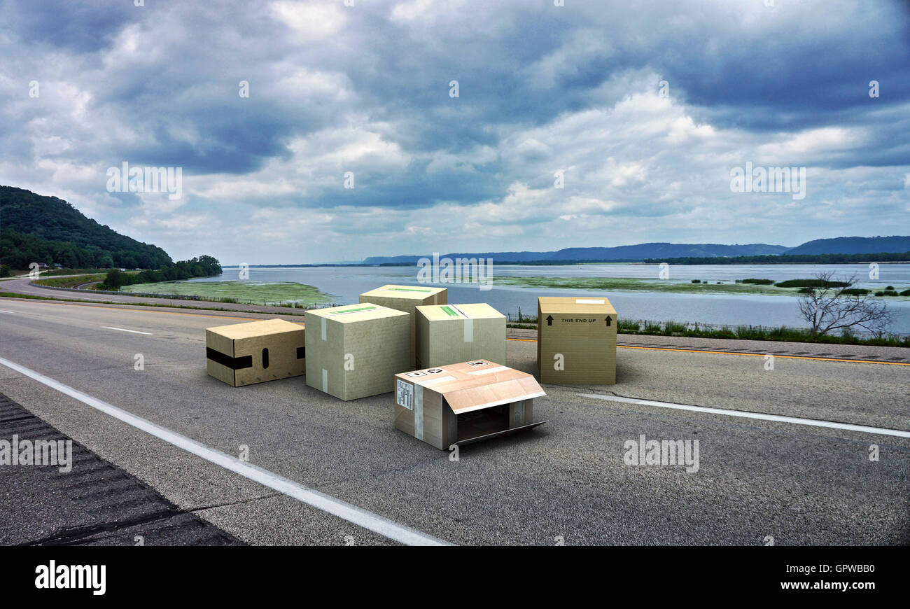 cardboard boxes on a highway Stock Photo - Alamy