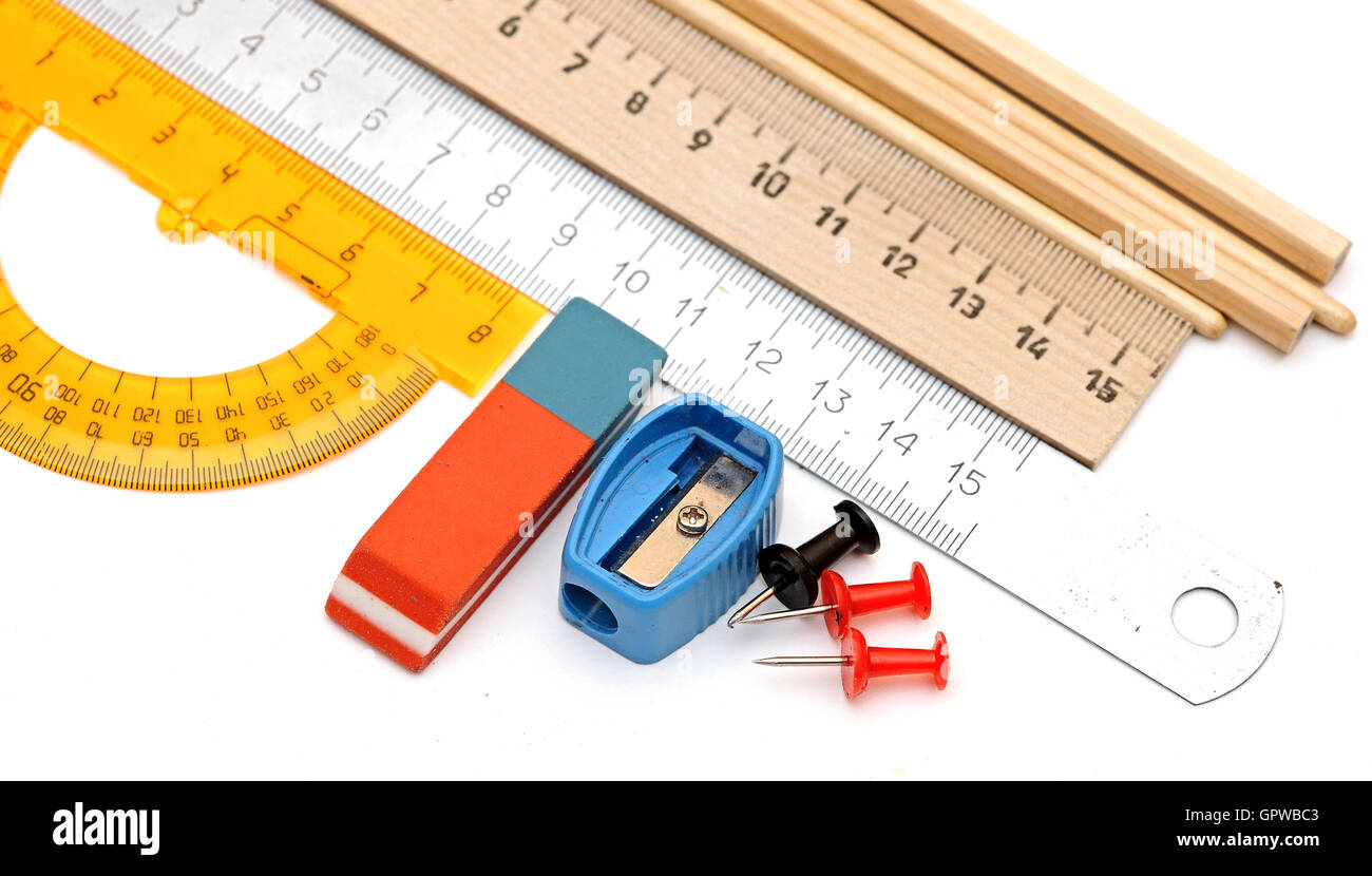 Many office tools on a white background Stock Photo - Alamy