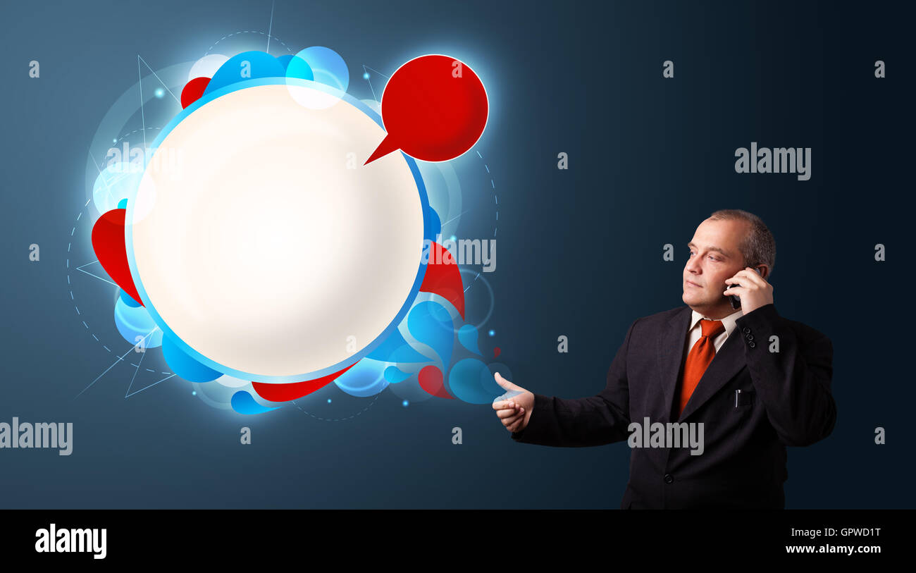 businessman making phone call and presenting abstract modern spe Stock ...
