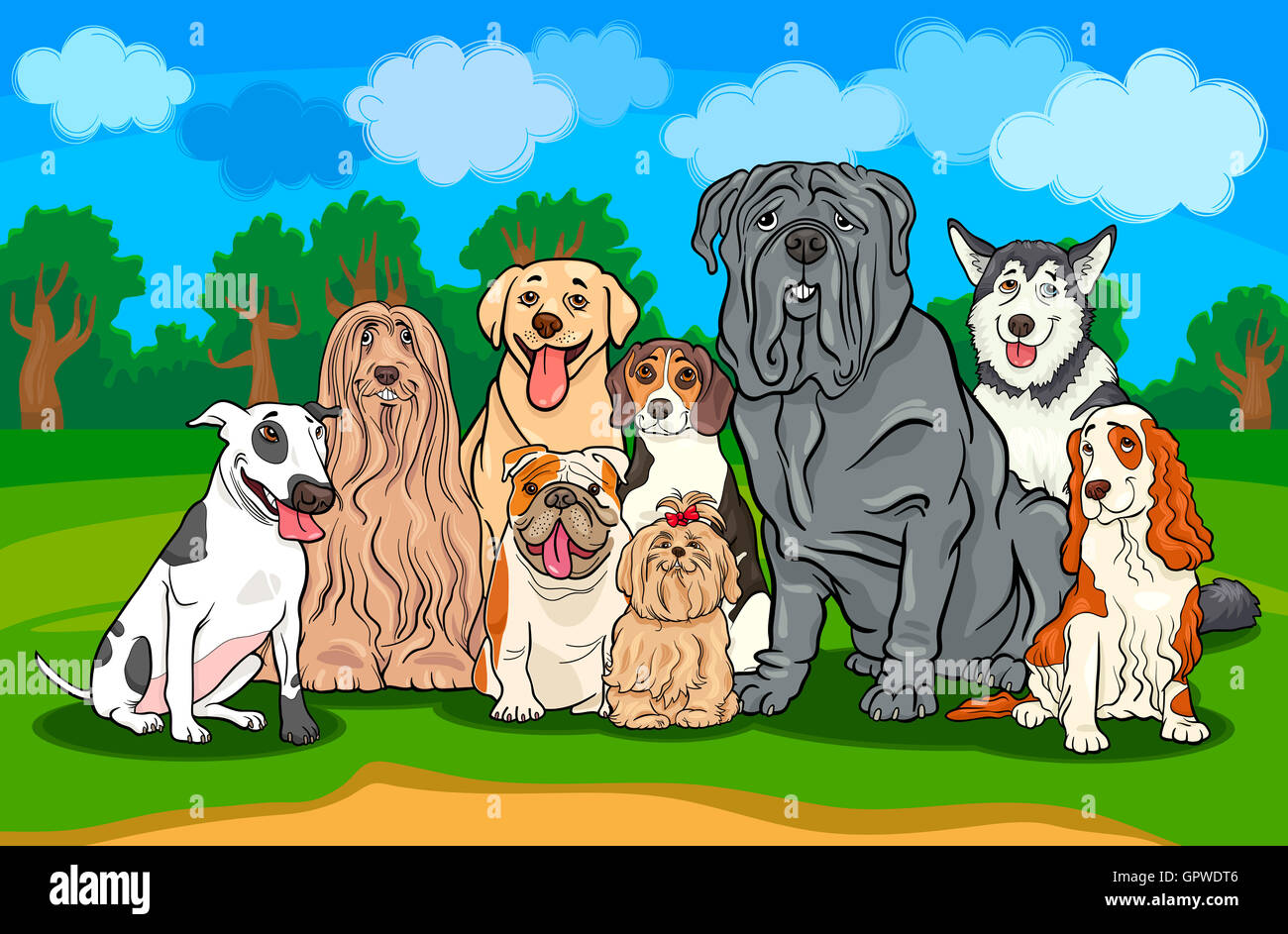 purebred dogs group cartoon illustration Stock Photo - Alamy