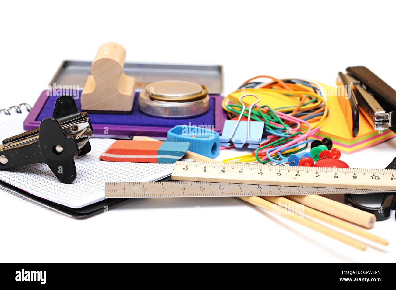 many office tools on white background Stock Photo - Alamy