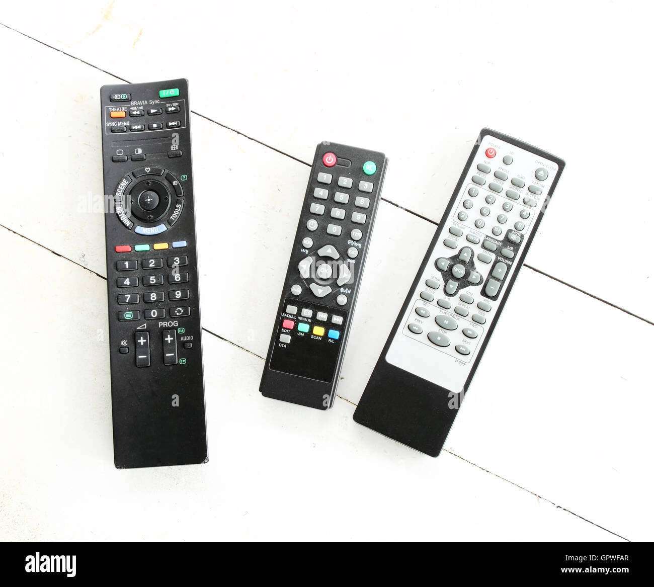 three remote control on white table Stock Photo - Alamy