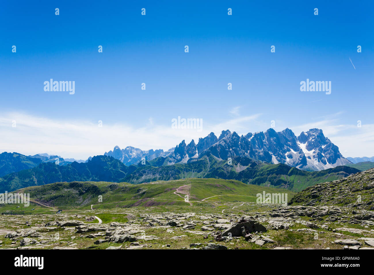 Italian mountain panorama. "Pale di San Martino" peaks. Sport and ...