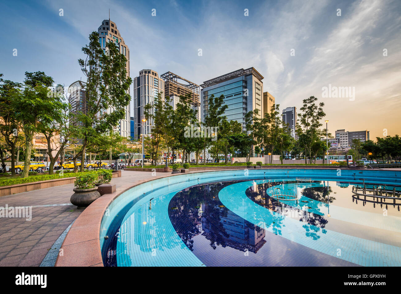 Pool and modern skyscrapers at Banqiao, in New Taipei City, Taiwan ...