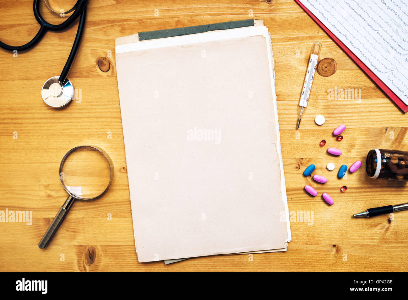 General medical practitioner work desk as copy space. Doctor's ...