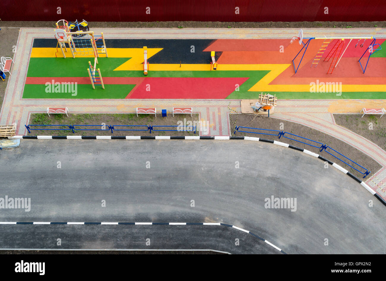 New children's playground near the asphalt road. View from air Stock ...