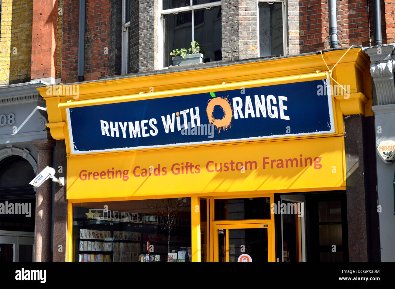 London, England, UK. 'Rhymes With Orange' shopfront Stock Photo - Alamy