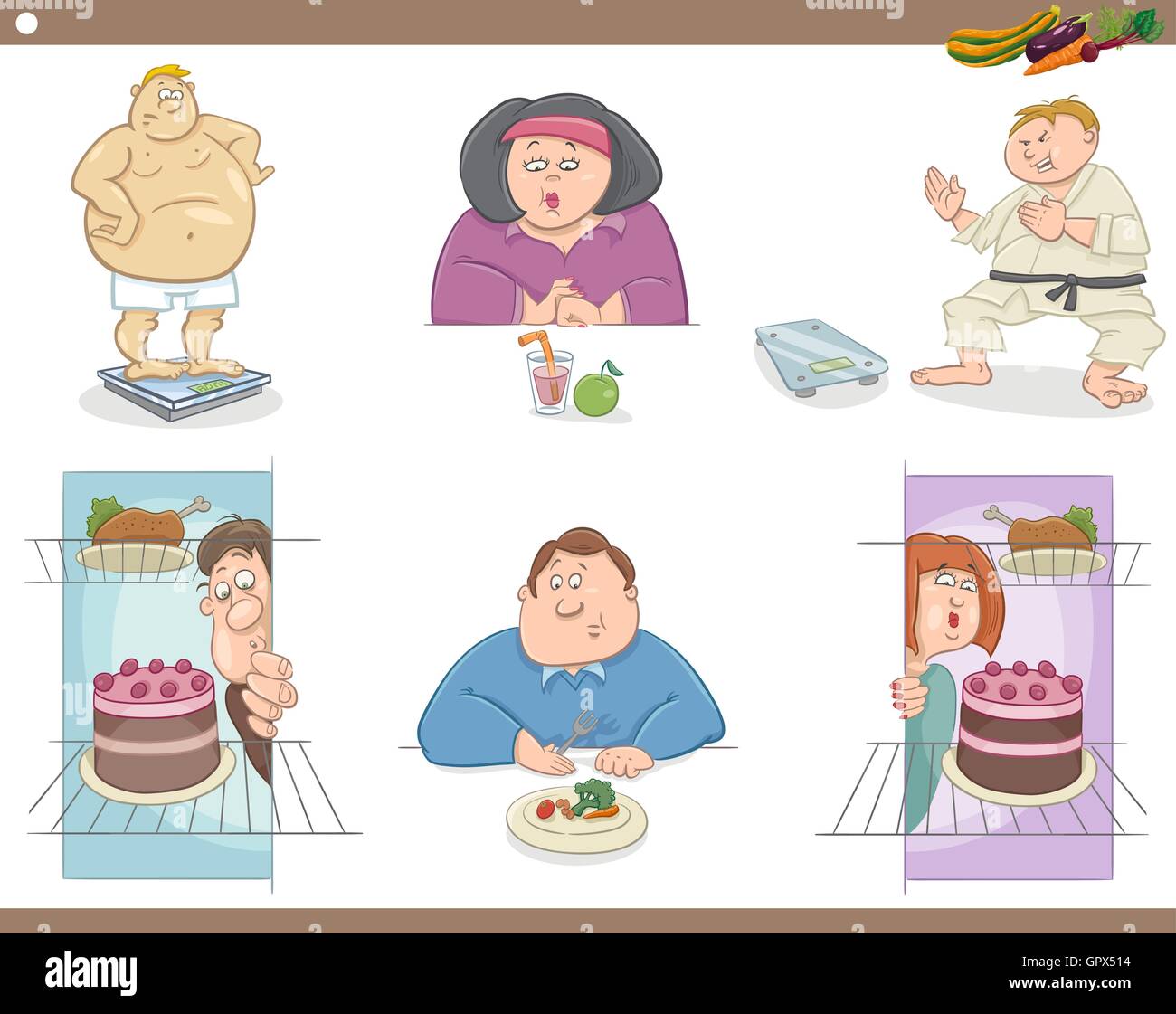 Cartoon Humorous Illustration of Overweight People Characters on Diet ...