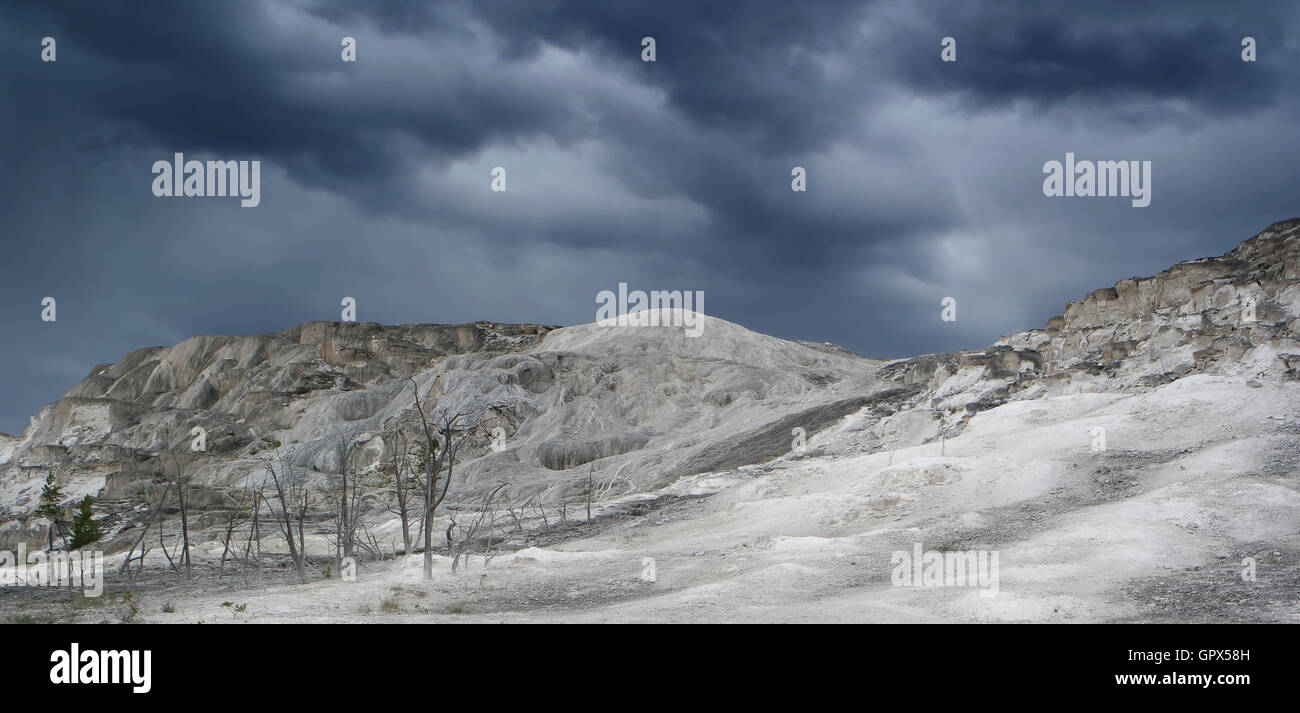 The chalky white mineral forming the rock of travertine terraces hi-res ...