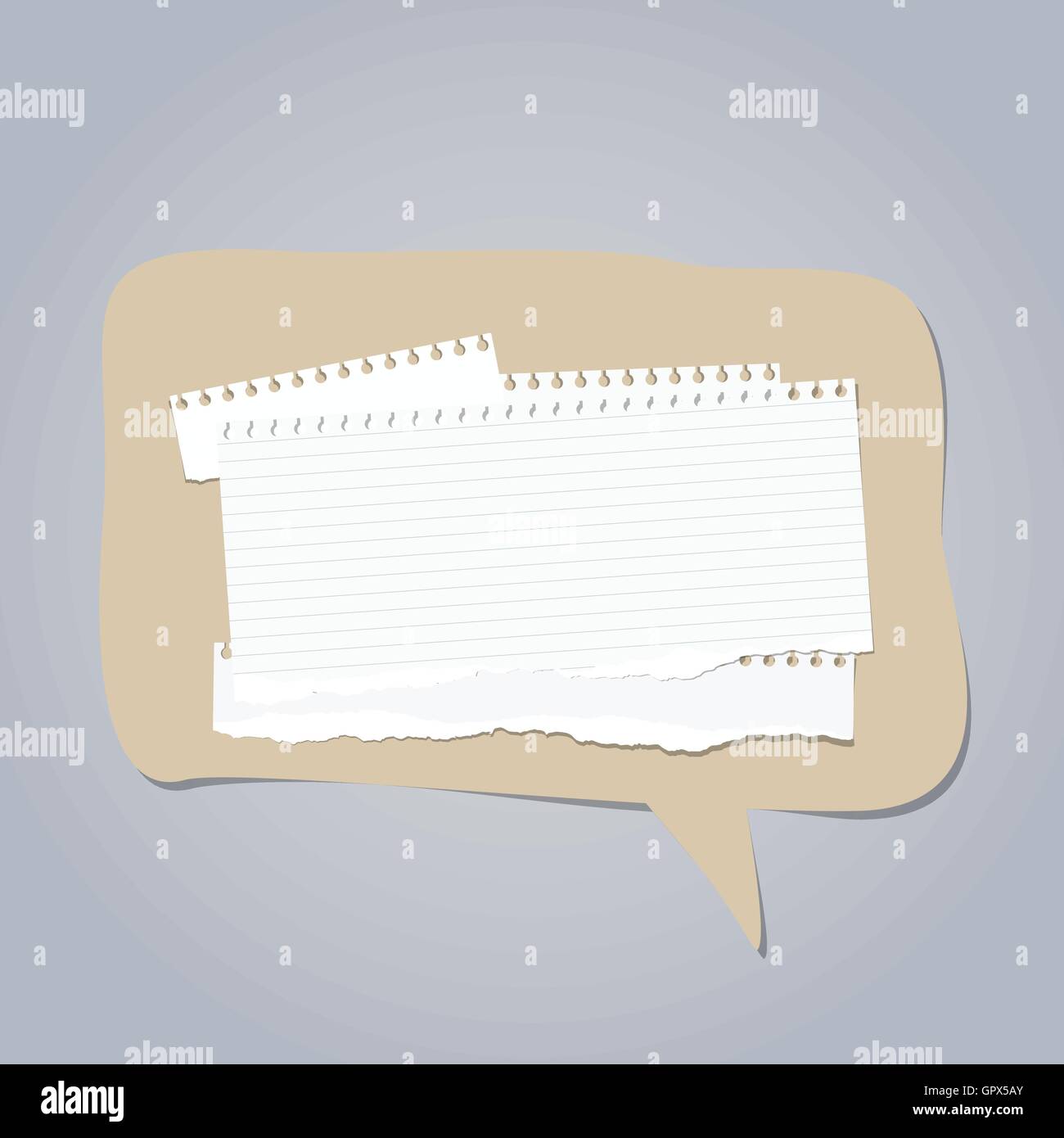 Pieces of ripped white notebook paper are stacked on brown speech ...