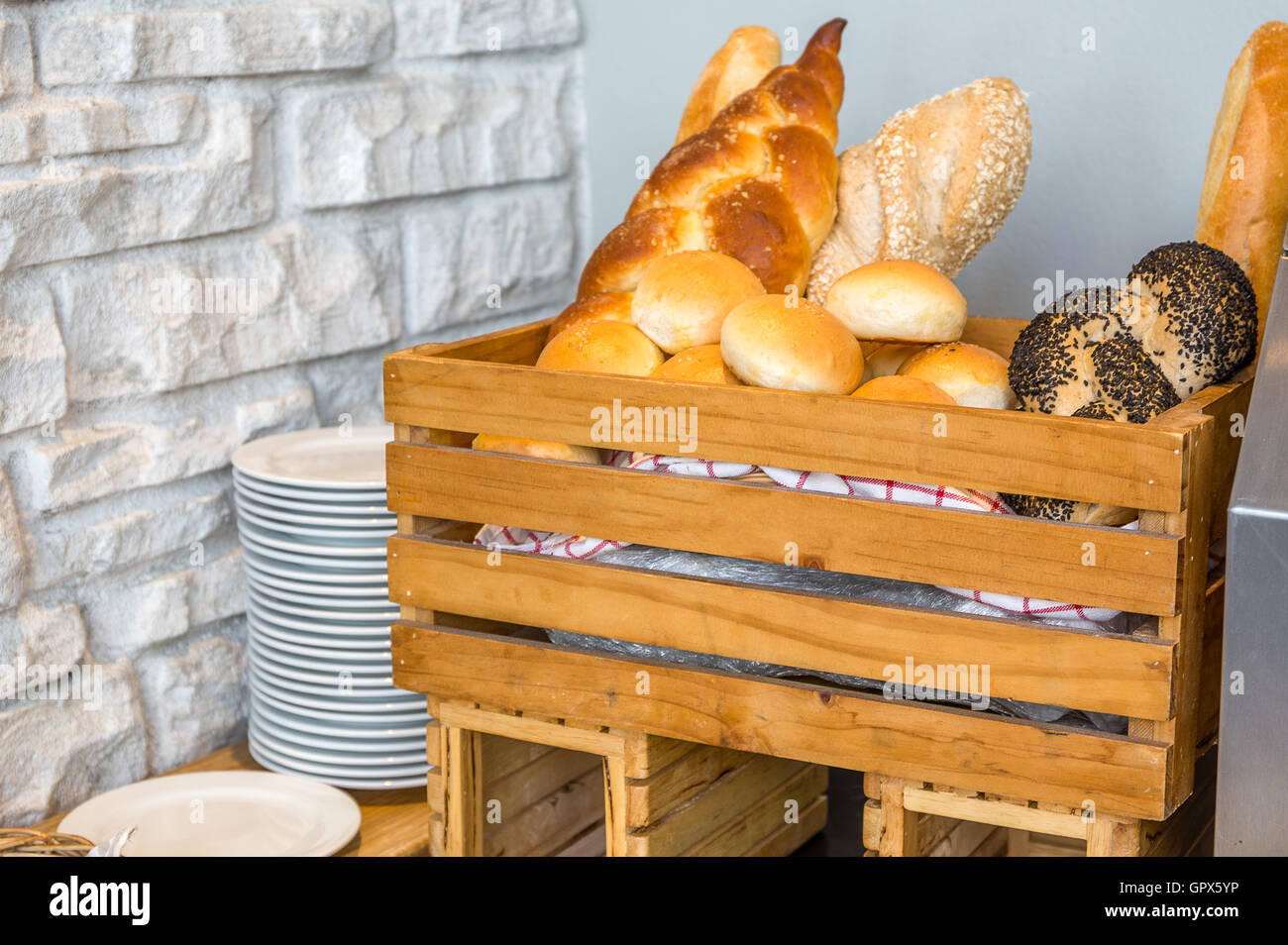 Various kinds of toasted bread in wooden box in HDR Stock Photo - Alamy
