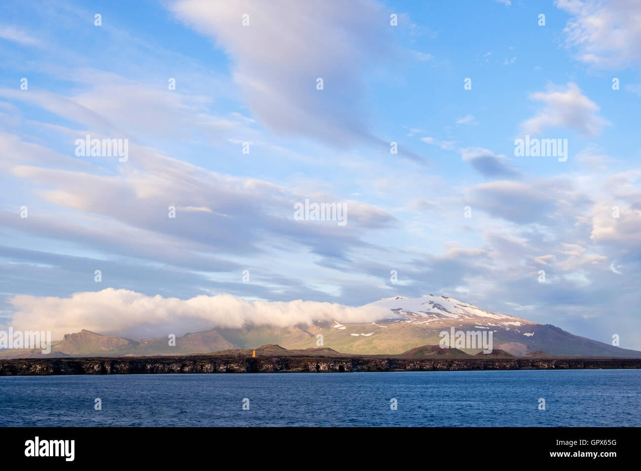 Low evening cloud spreading across Mt Snæfellsjökull or Snæfell ...