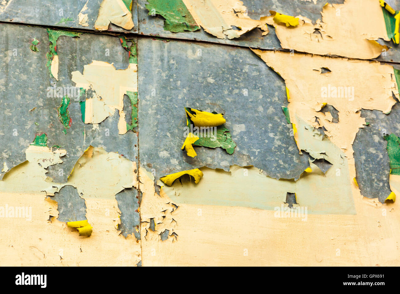 Handpainted letters of a shop signboard faded, peeling and weathered ...