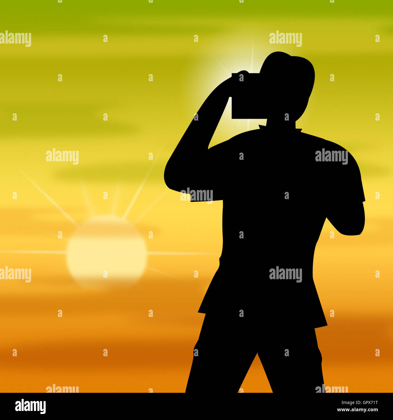 Sunset Photographer Indicating Summer Cameras And Pic Stock Photo - Alamy