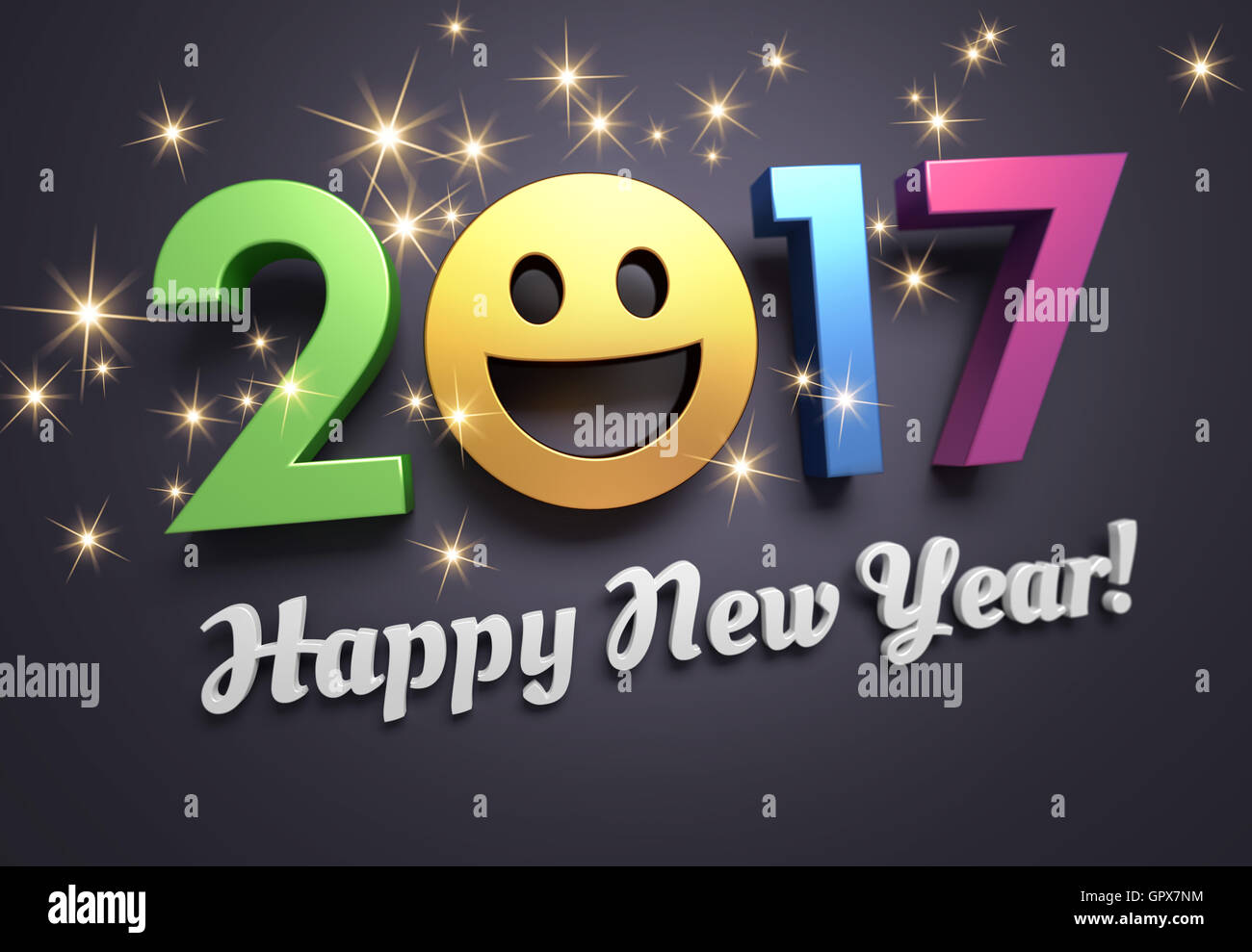Colorful 2017 year type with a smiley symbol on a festive black ...