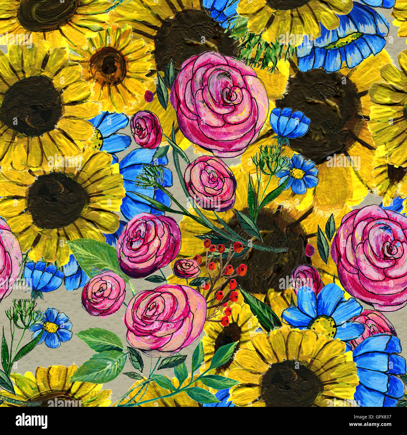 Seamless pattern with blue yellow and pink flowers Stock Photo - Alamy