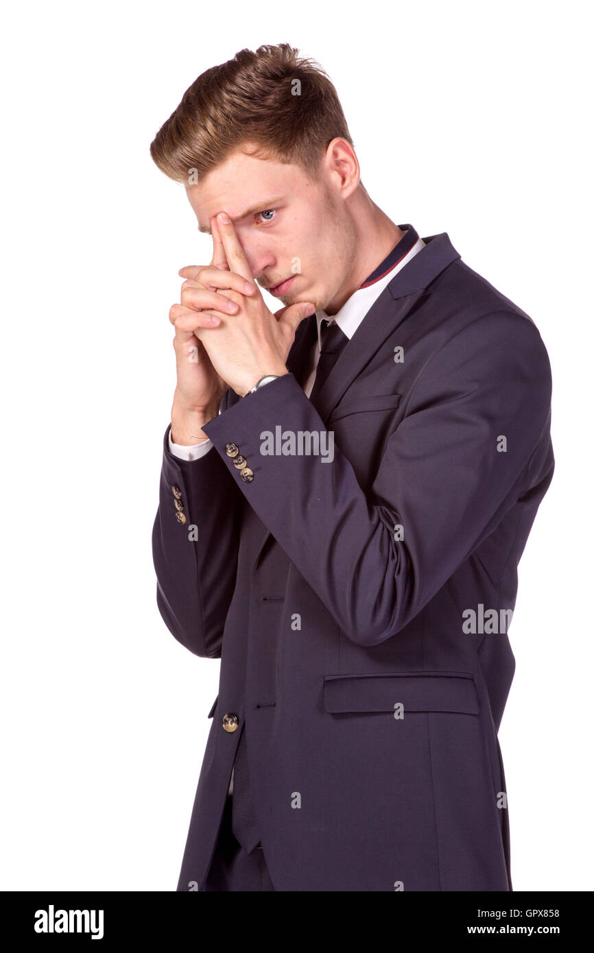 Serious business man thinking. Close up portrait, isolated on white ...