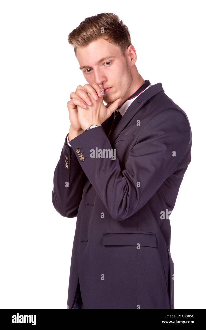 Serious business man thinking. Close up portrait, isolated on white ...