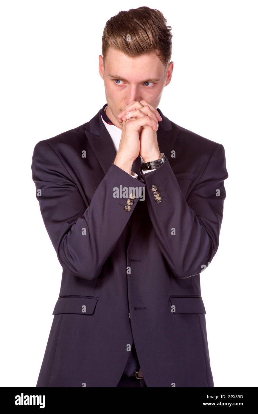 Serious business man thinking. Close up portrait, isolated on white ...