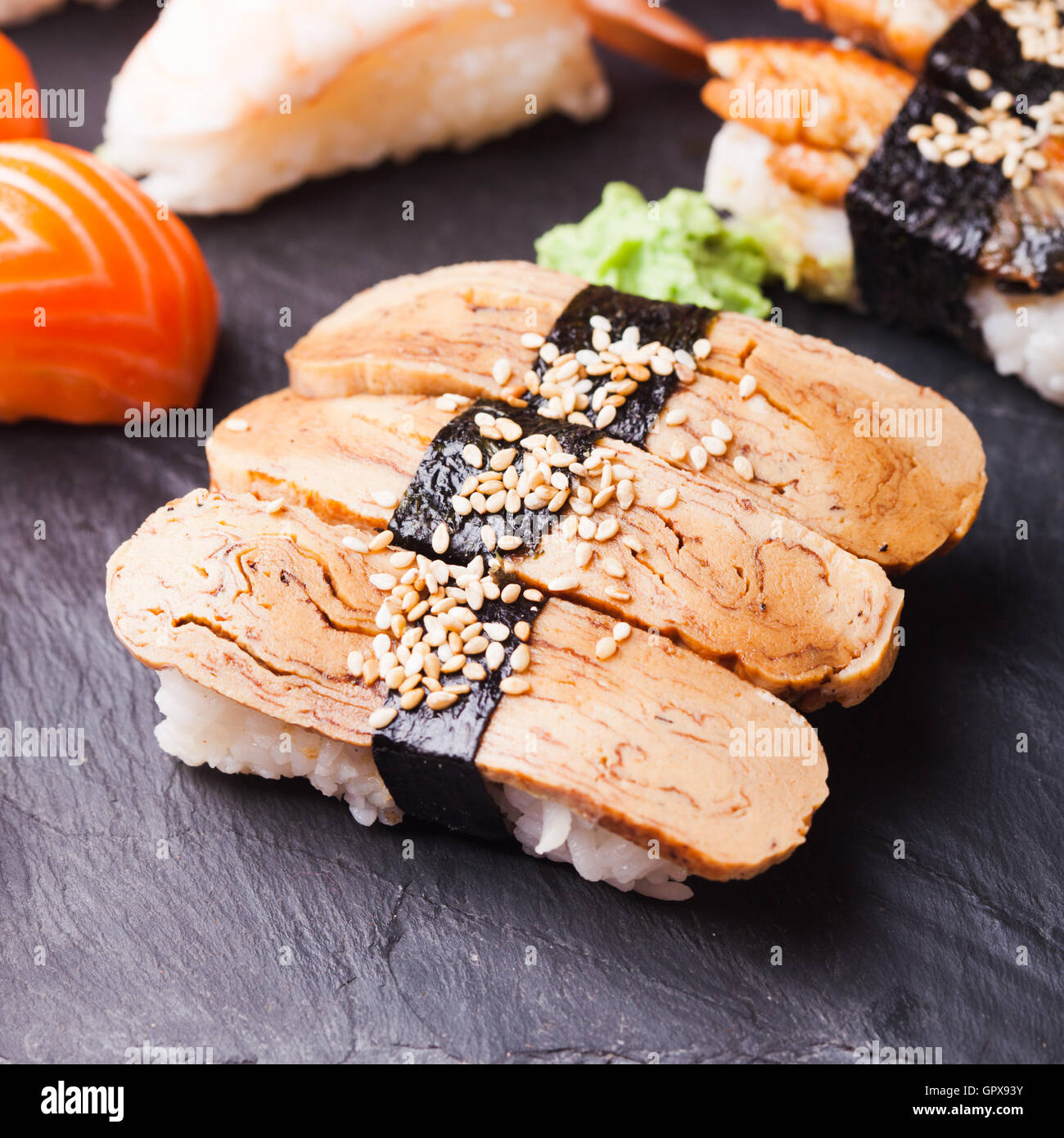 Tamago sushi with omelet Stock Photo - Alamy