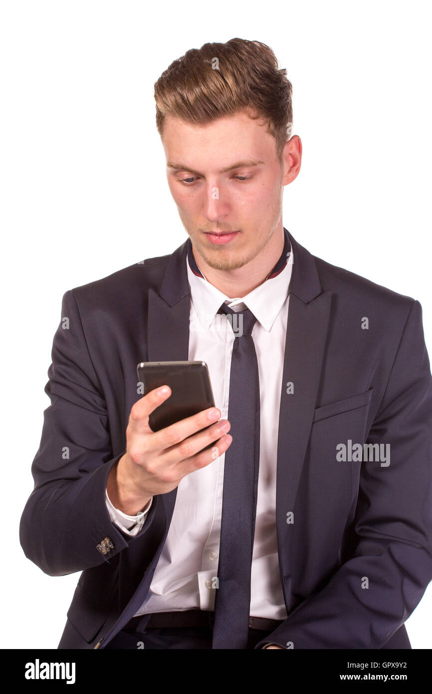 Serious business man using mobile phone. Close up portrait, isolated on ...