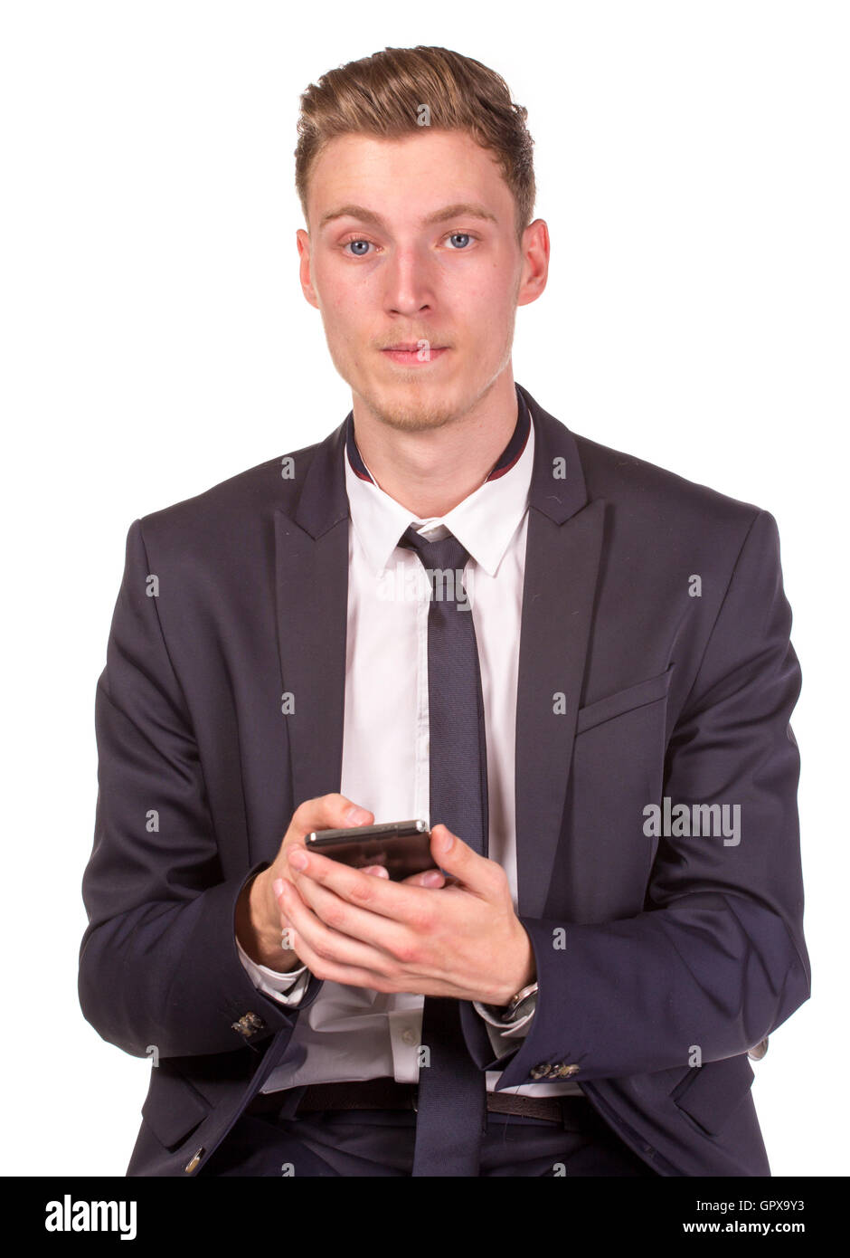 Serious business man using mobile phone. Close up portrait, isolated on ...