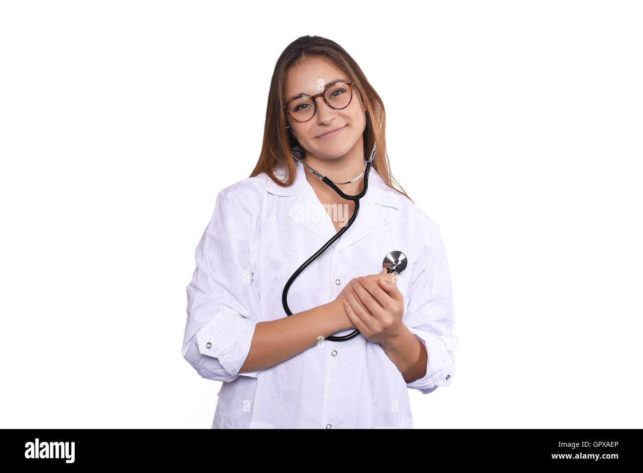 Close up of a beautiful doctor with a stethoscope. Isolated white ...