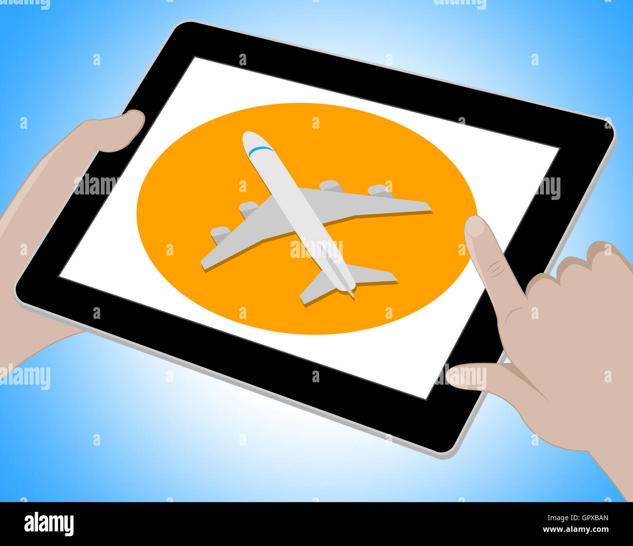 Plane Tablet Representing Online Tablets And Traveller Stock Photo - Alamy