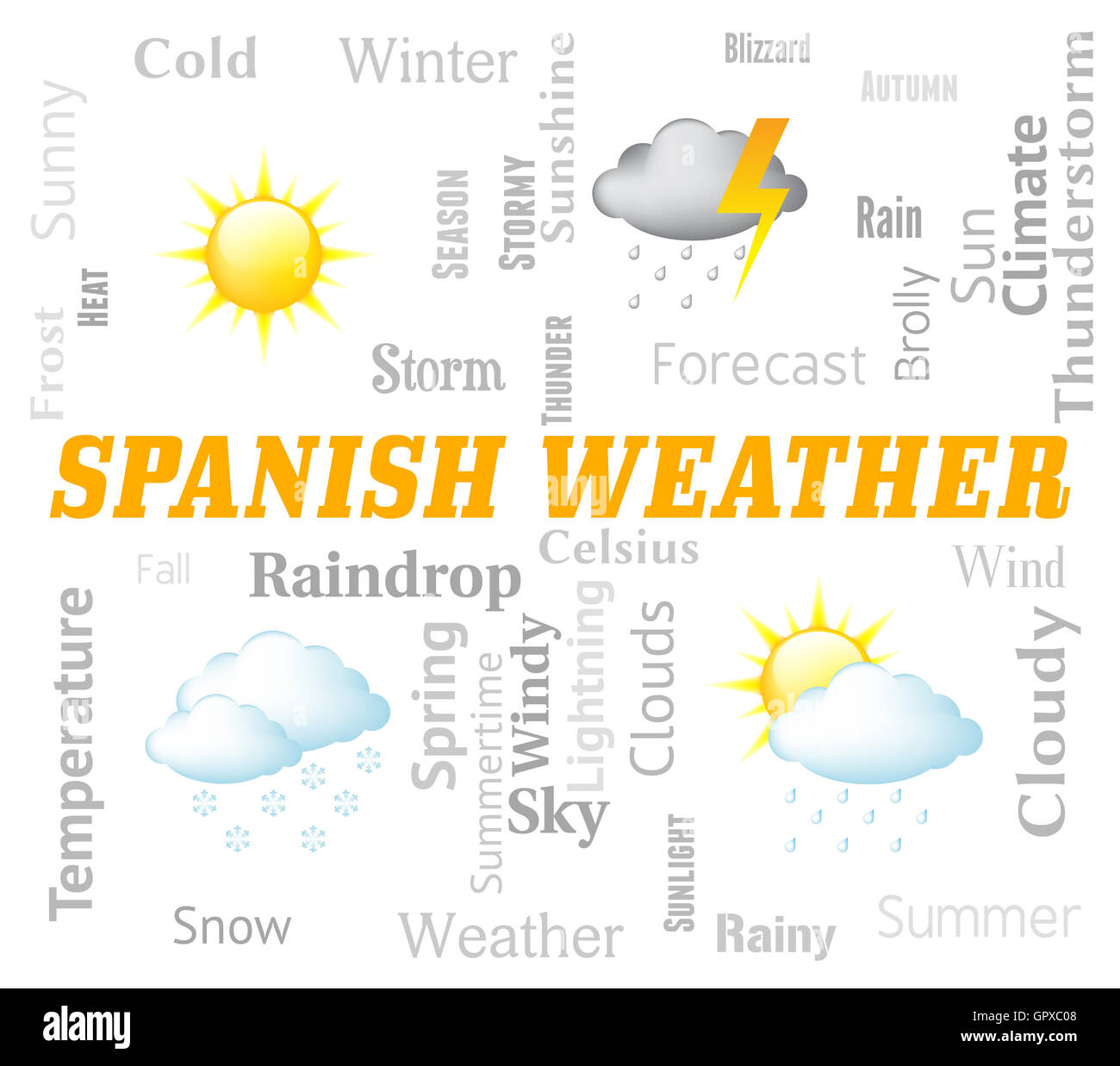 Spanish Weather Indicating Meteorological Conditions And Spain Stock ...