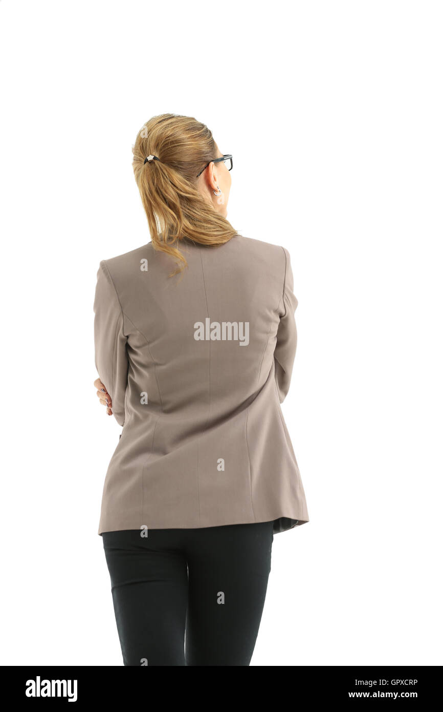 Business woman stand back side with white wall background Stock Photo ...