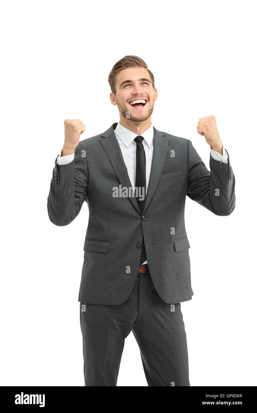 Lucky handsome businessman celebrating. Winner laughing man Stock Photo ...