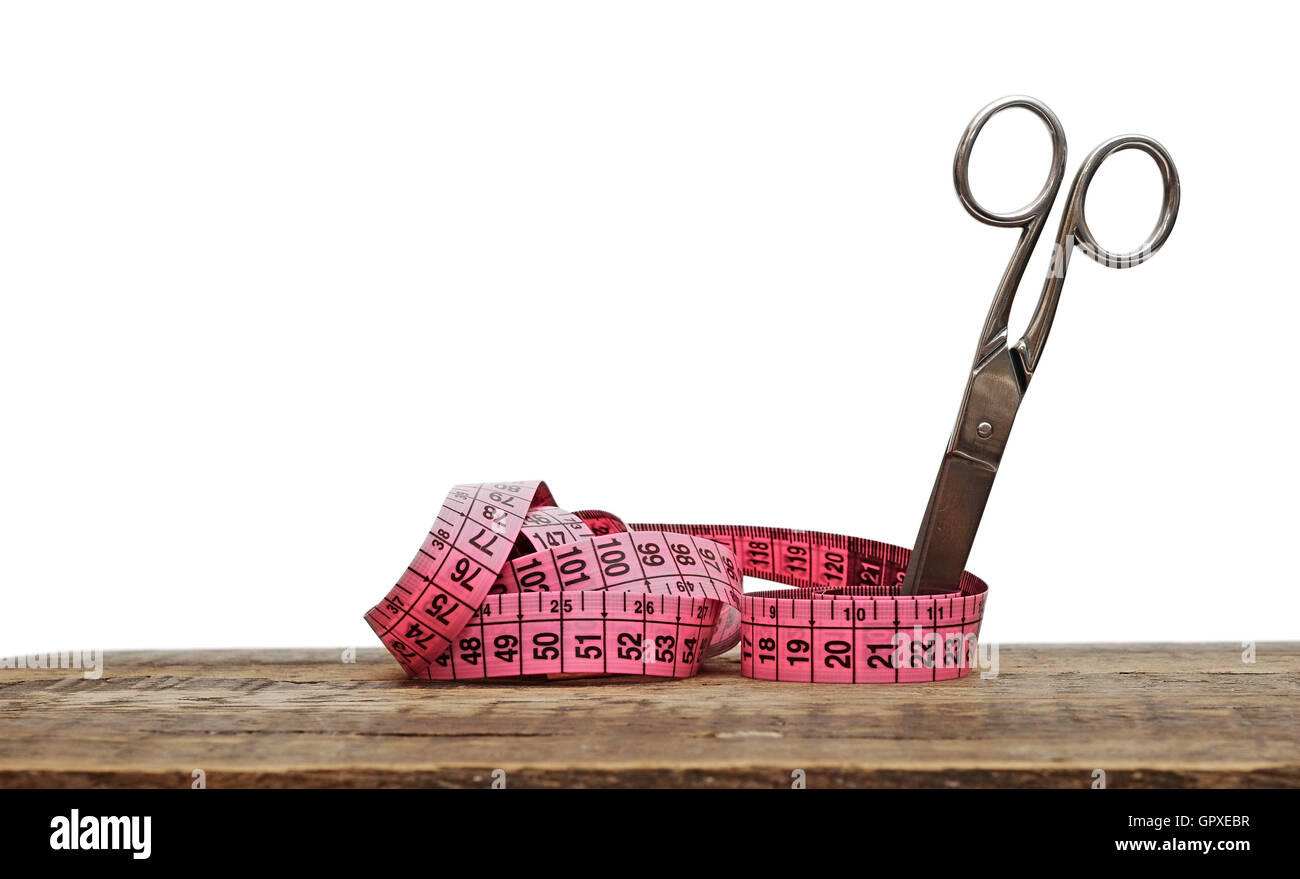 Old scissors and measuring tape on wooden background Stock Photo - Alamy