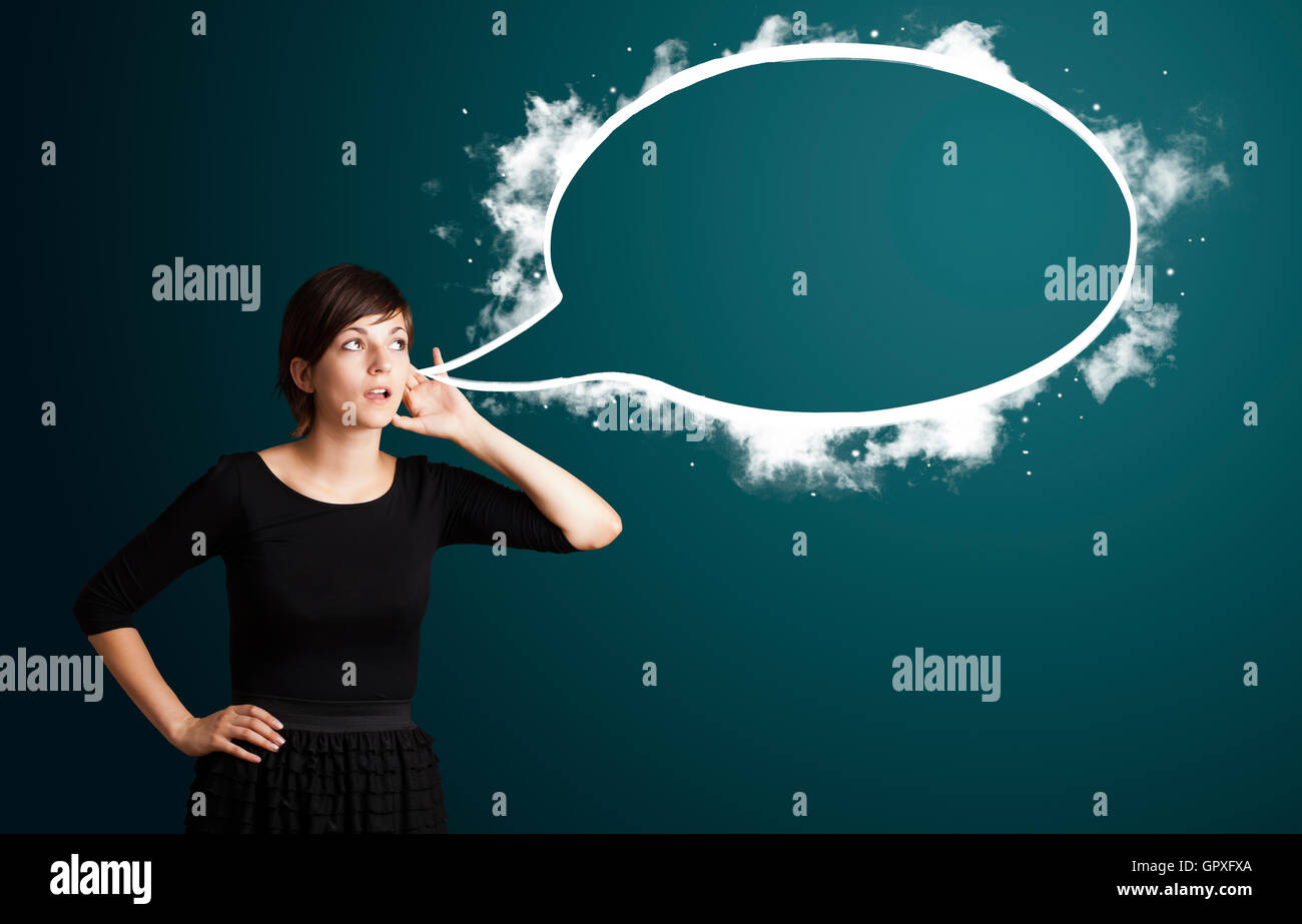 Young woman with abstract modern speech bubble Stock Photo - Alamy